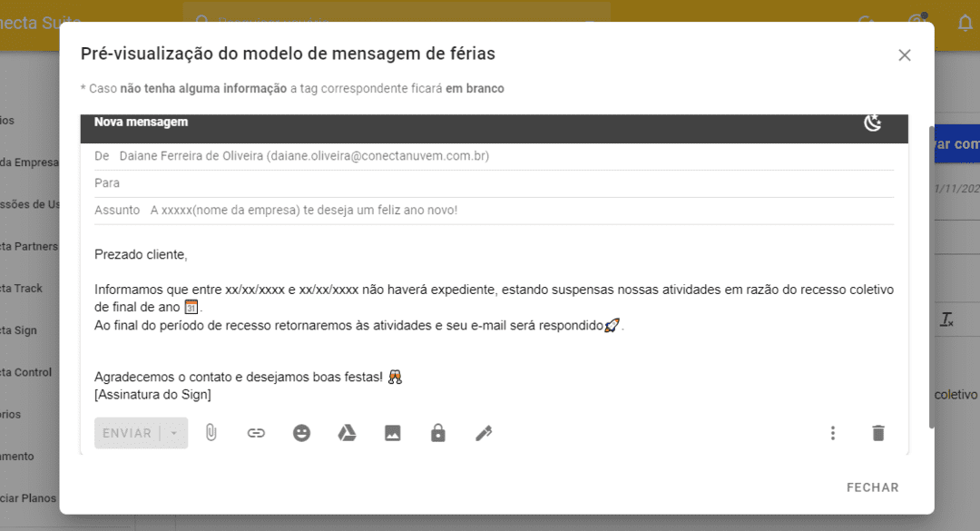 Aprenda a aplicar mensagem de férias na Conecta Suite